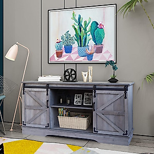 GHQME Sliding Barn Door Farmhouse TV Stand，58 Inch Storage Table，Wood Universal Stand，Living Room Storage Shelves Entertainment Center (Gray MI)