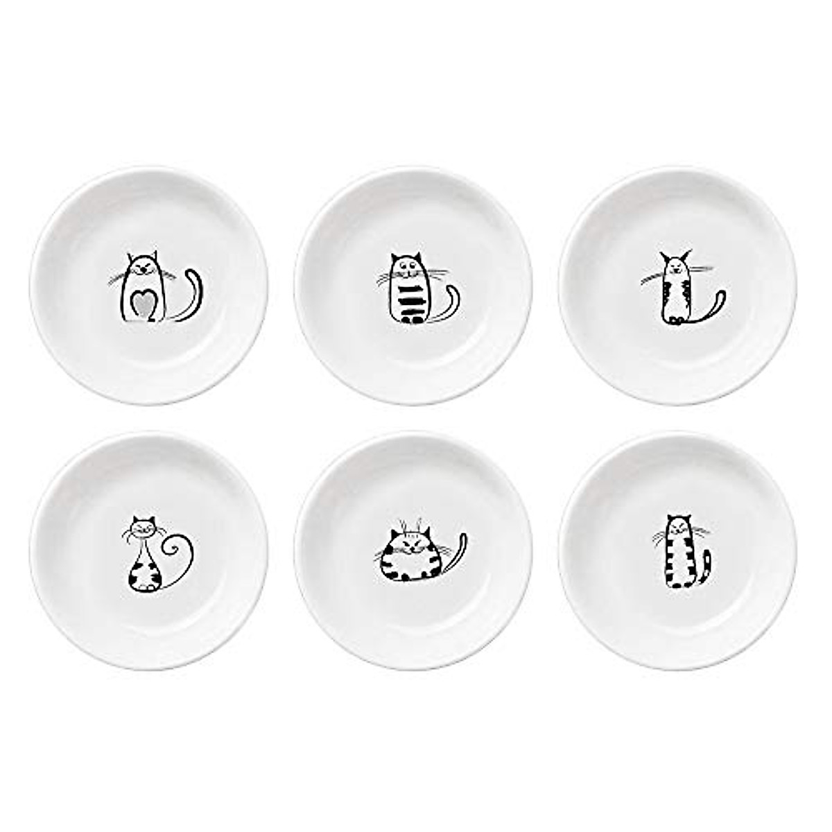 FUYU 6pcs Cute Cat Ceramic Sauce Dish Seasoning Dish Dessert Plate Snack Plate Side Dish, 4 inches
