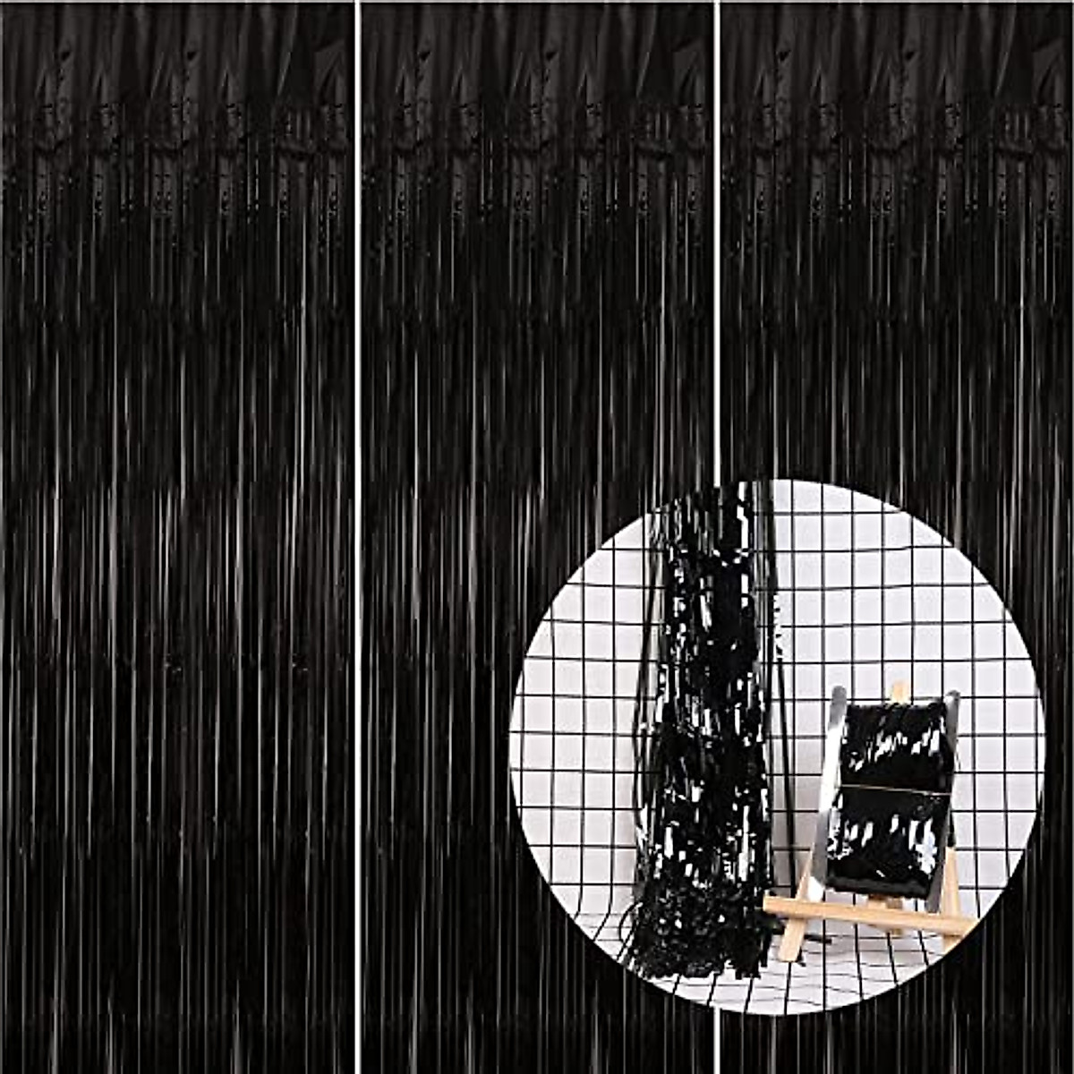 Black Party Decorations 3 Packs Black Foil Fringe Curtain Tinsel Backdrop Curtain for Birthday Party 3.2 Ft X 8.2 Ft Door Streamers Foil Backdrop Curtain Halloween Wall Backdrop Photo Booth