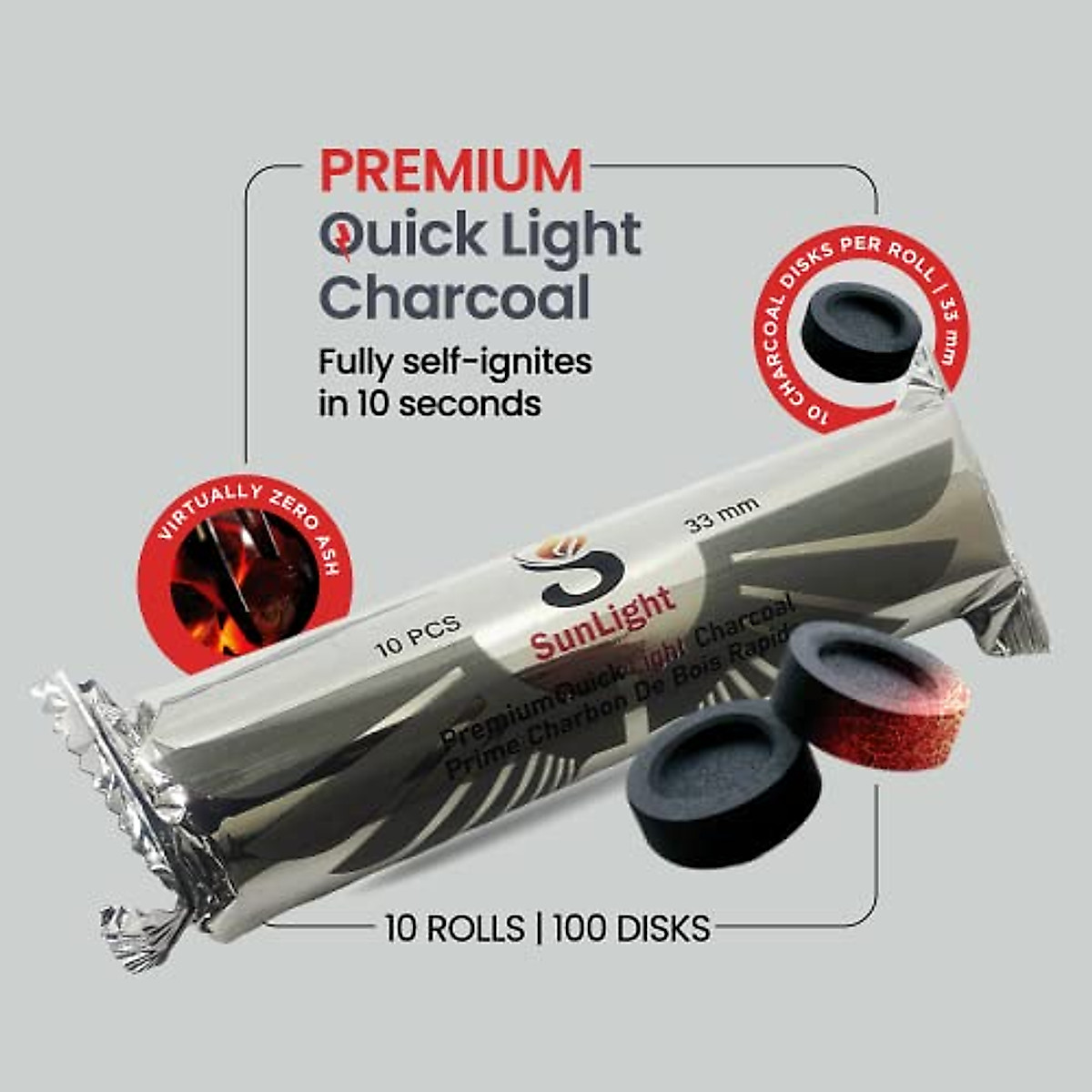 *New* Sunlight Premium Charcoal Tablets for Incense - Instant Light - 100 Charcoal Discs - 33mm - Resin Burner Rolls – Pack of 100 Coal Briquettes – Charcoal Burner - Instant Fire Coal - Premium Tier