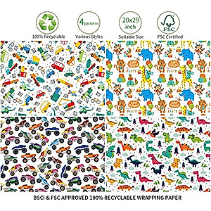 BULKYTREE Birthday Wrapping Paper for Boys Kids, 12 Sheets Dinosaur, Monster Truck, Happy Animals Design Gift Wrap for Kids Birthday, Baby Shower and Holiday - 20 x 29 Inch Per Sheet