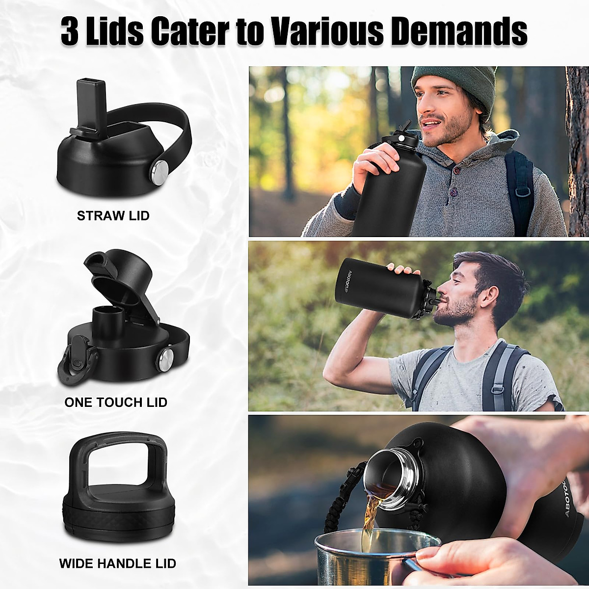 ABOTOCUP Gallon Water Bottle Insulated Keep Cold24H & Hot12H, Large 1 Water Bottle Gallon with Straw Lids&Paracord Handle, 128oz Water Bottle Double Wall Leak-proof BPA Free with Powder Coated