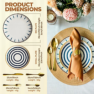 10-Piece Set All in 1 Dinnerware Set for 1 Person Dish Set Blue & White Cute Single Person Farmhouse Dinnerware 2 White Plates/Gold Cutlery/Cotton Place Mat/Napkin/Napkin Holder/Water Glass
