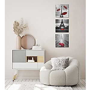 NAN Wind 3 Pcs Paris Canvas Prints Black and White Canvas with Red Umbrella Eiffel Tower Decor Red Car Red Wall Art Paintings on Canvas Stretched and Framed Ready to Hang for Home Decor