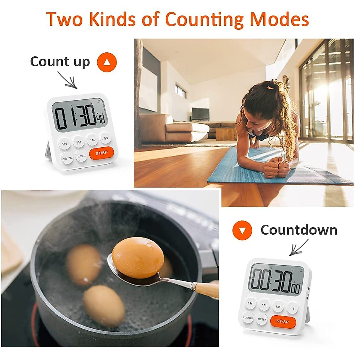 LIORQUE Kitchen Timer for Cooking, Magnetic Timer Clock with Large LCD Display, 3 Levels Volume, Shortcut Setting, Digital Timer for Kids Classroom Teacher (Battery Included)