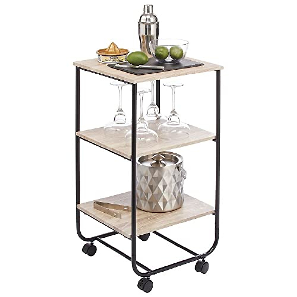 mDesign Metal Wood 3-Tier Rolling Household Storage Cart to use in Bathrooms, Kitchen, Craft Rooms, Laundry Rooms, and Kid's Rooms - Portable, Includes 4 Caster Wheels - Natural/Black