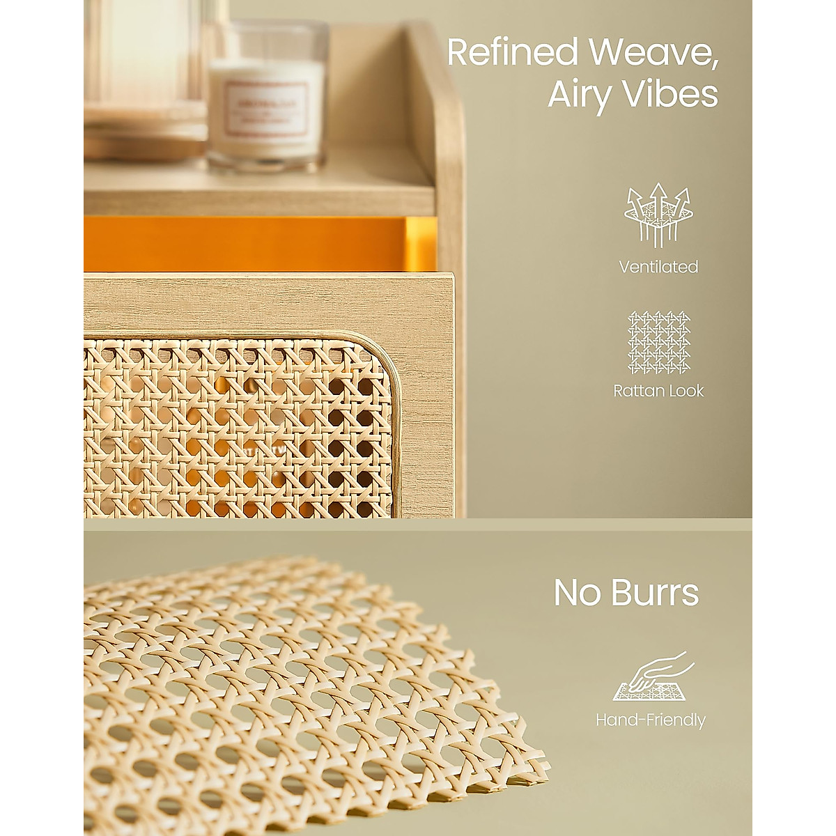 VASAGLE BOHOVEN Collection - Nightstands with Charging Station, Set of 2, Bedside Tables with Motion Sensor Lights, Rattan-Like Side End Tables, Solid Wood Legs, for Bedroom, Boho Style, Oak Beige