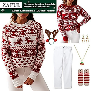 ZAFUL Women's Christmas Reindeer Xmas Snowflake Patterns Knitted Sweater Long Sleeve Elk Floral Printed Pullover