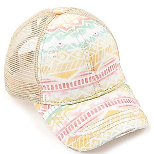 C.C Washed Distressed Cotton Denim Ponytail Hat Adjustable Baseball Cap (BT-929) (A Aztec Patten/Ivory)