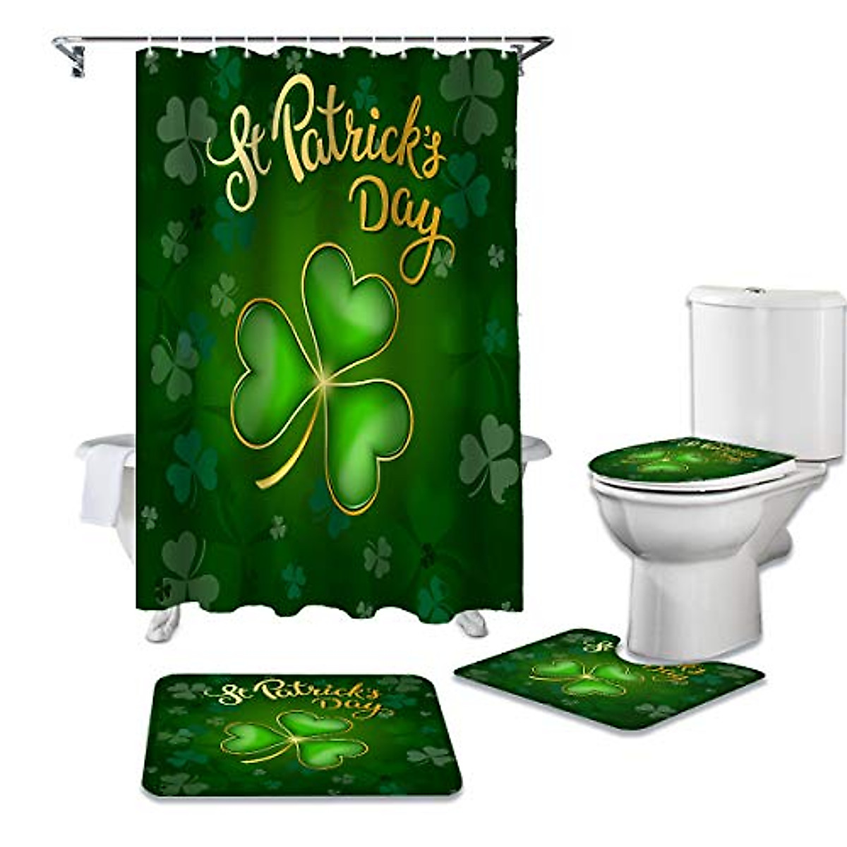 Singingin St. Patrick's Day Bathroom Sets with Shower Curtain and Rugs Green Clover Shower Curtain Sets with Rugs,Toilet Lid Cover and Bath Mat,Non-Slip Rugs and Waterproof Bath Curtain with Hooks