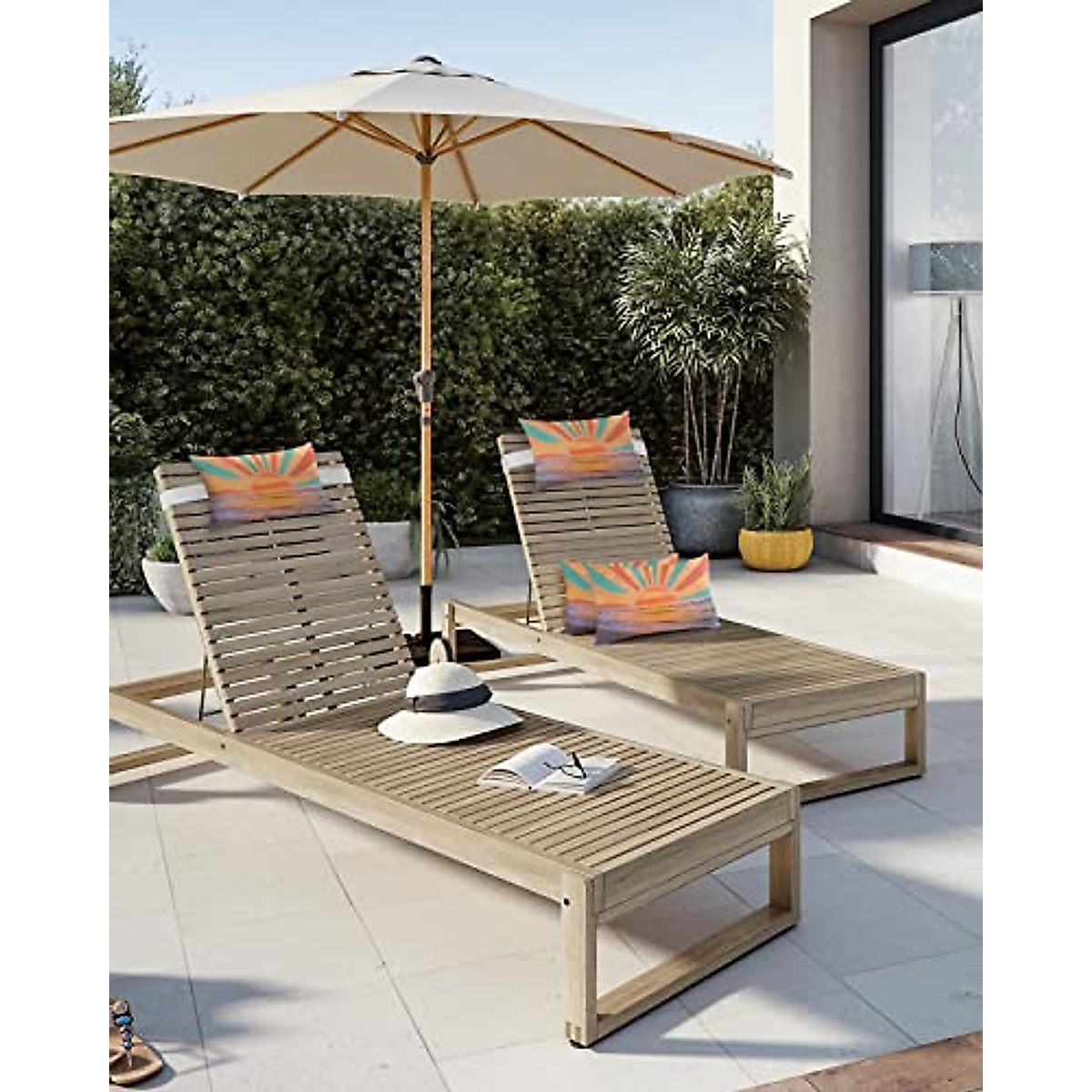 Recliner Head Pillow Ledge Loungers Chair Pillows with Insert Hand Drawn Orange Abstract Sunset in Seaside Lumbar Pillow with Adjustable Strap Outdoor Waterproof Patio Pillows for Beach Pool, 2 PCS