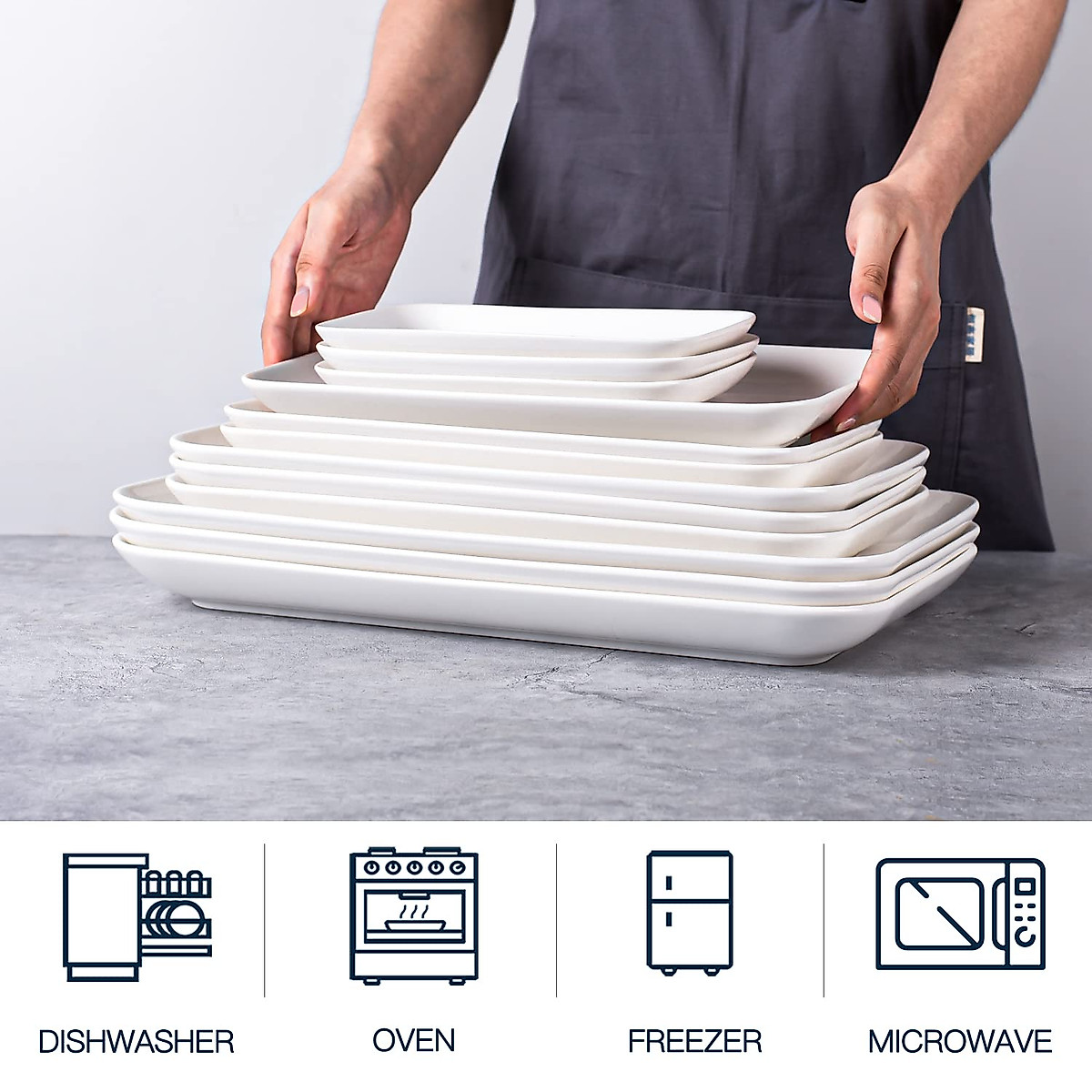 DELLING Large Serving Platter Set 12in White Rectangular Serving Plates/Salad Dish - Big Serving Trays for Parties Meat, Sushi, Dinner Plate Oven Safe Dinnerware Set of 3