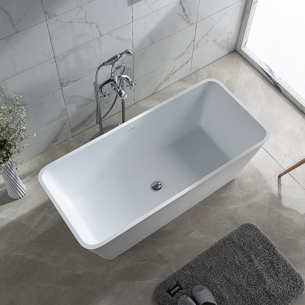 Dowell 076 59" Luxury Contemorary Stone Resin FREE STANDING Bathtub White Modern