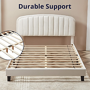 Cozy Castle Queen Size Bed Frame Upholstered Velvet Platform Bed with Adjustable Headboard, Wood Slat Support, No Box Spring Needed, Easy Assembly, White