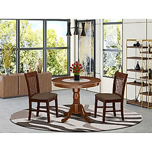 East West Furniture ANNO3-MAH-C 3 Piece Kitchen Table & Chairs Set Contains a Round Dining Room Table with Pedestal and 2 Linen Fabric Dining Room Chairs, 36x36 Inch, Mahogany