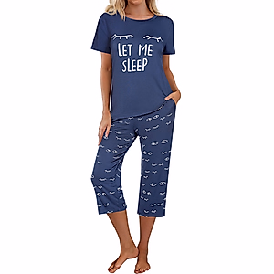 Ekouaer Women Pajamas Set Short Sleeve Summer Lounge Sets Sleepwear Tops with Capri Pants Two Piece Pj Set Navy Blue