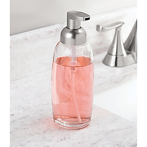 mDesign Modern Glass Refillable Foaming Soap Dispenser Pump Bottle for Bathroom Vanity Countertop, Kitchen Sink - Save on Soap - Vintage-Inspired, Compact Design - 2 Pack - Clear/Brushed