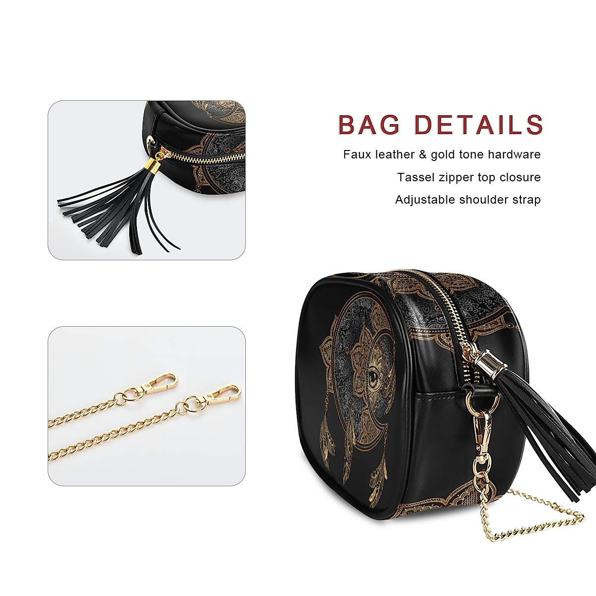 ALAZA PU Leather Small Crossbody Bag Purse Wallet Boho Chic Golden Crescent Moon & Sun Mandala Cell Phone Bags with Adjustable Chain Strap & Multi Pocket