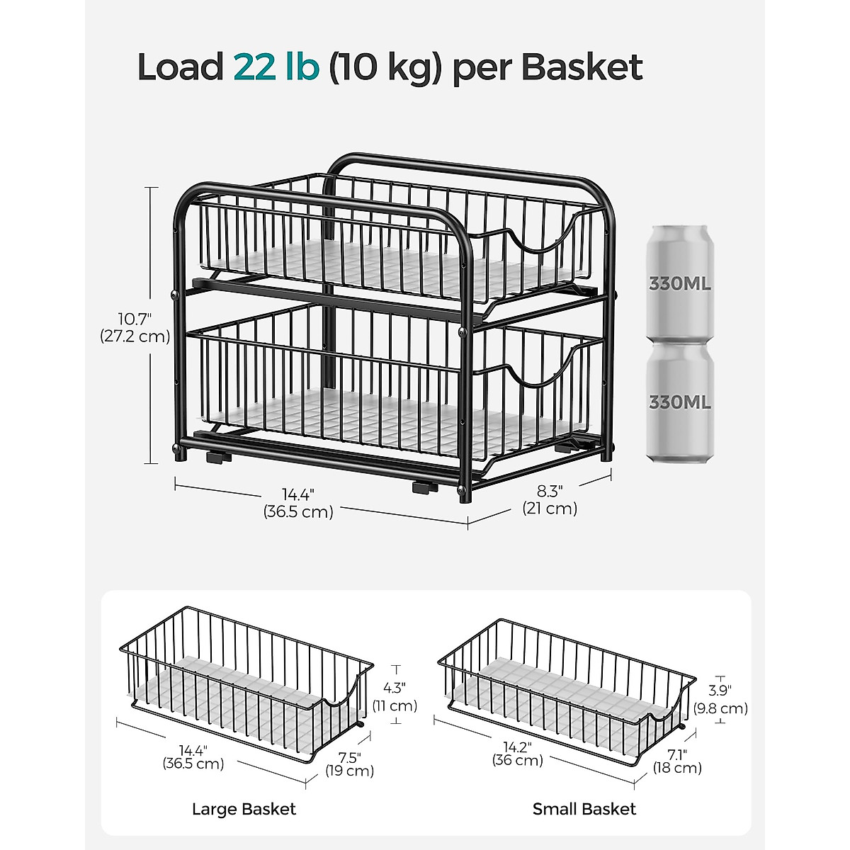 SONGMICS 2-Tier Pull Out Cabinet Organizers, Under Sink Organizer, Bathroom Organizer and Storage, Sliding Basket Drawers, Stackable for Kitchen, Bathroom, Ink Black UKCS017B01