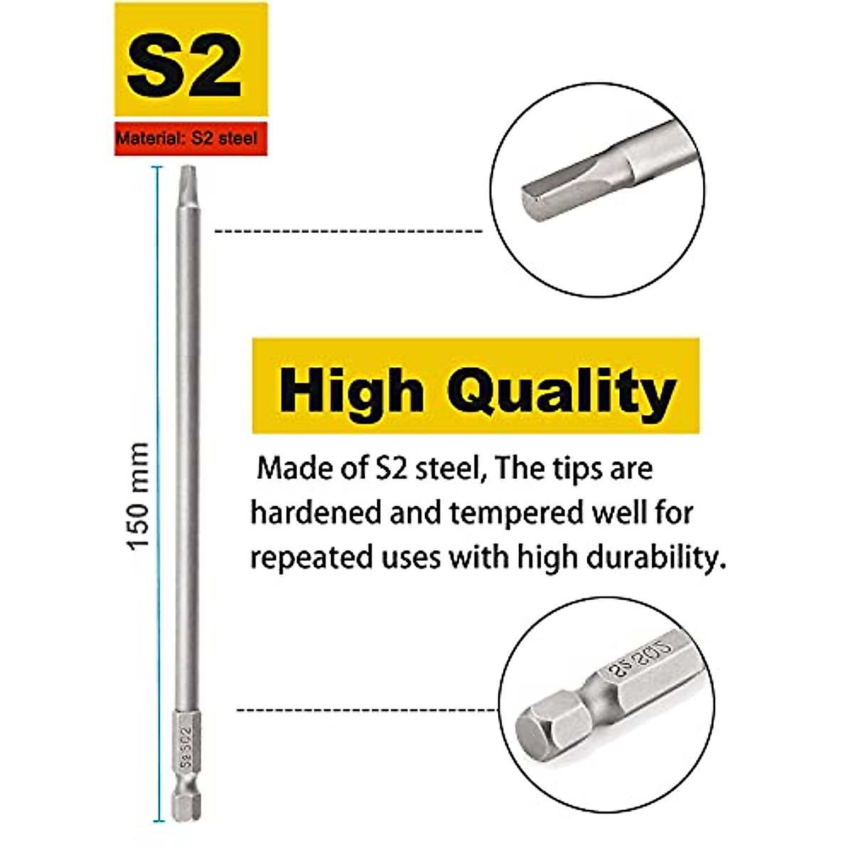 Rocaris 10pcs 1/4 Inch Hex Shank Long Magnetic Square Head Screwdriver Bits Set Power Tools SQ2 For Poket Hole Jig- 6 inch Length