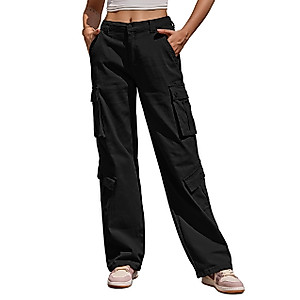 ZMPSIISA Women Pants High Waisted Cargo Pants Combat Military Trousers Wide Leg Casual Pants 8 Pockets (Black,Medium)