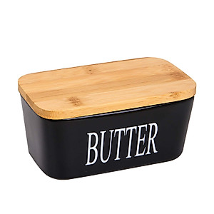 Butter Dish with Cover - Ceramics Butter Container with Bamboo Lid for Countertop,Double-layer Silicone Sealing Larger Butter Dishes with Covers Perfect for East West Coast Butter (Black with Words)