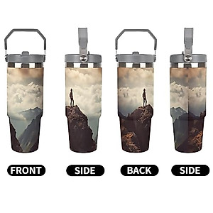 BWQJKUO Large Capacity Car Cup 30 Oz Stainless Steel Woman on A Top Mountain Printed Travel Mug Leak-proof Flip Straw Tumbler with Handle,keeps Cold Or Ho