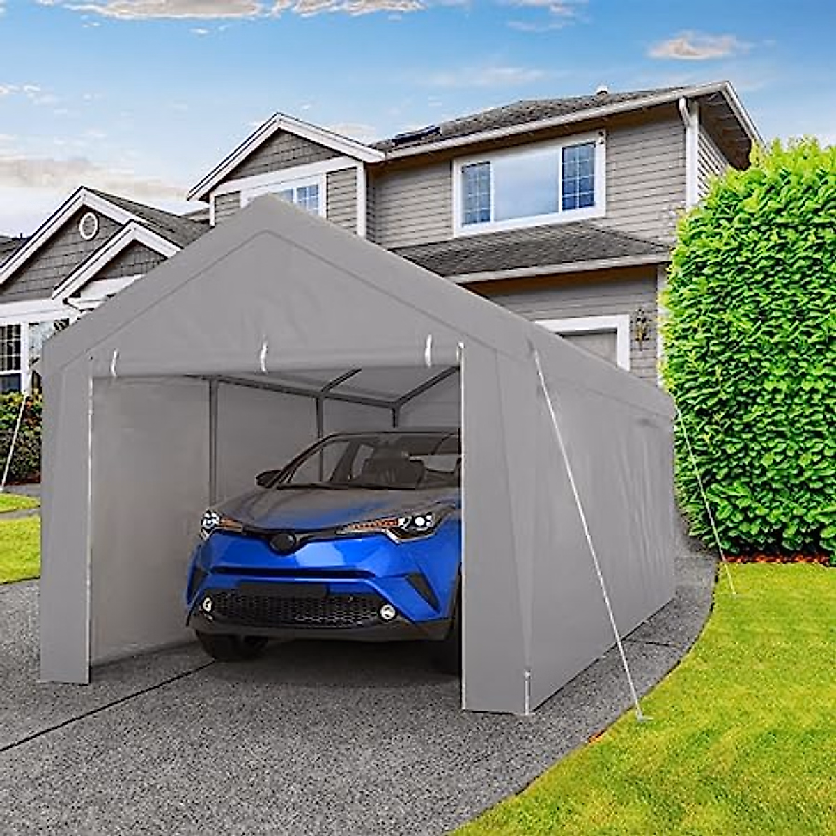 Carport 10'x20' Heavy Duty Canopy Steel,Portable Garage Party Tent,Portable Garage with Removable Sidewalls & Doors All-Season Tarp for Car,Truck,SUV,Party(Grey)