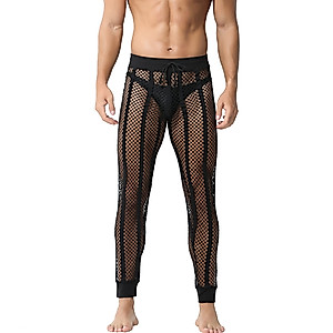 YUFEIDA Men's Fishnet Pants Drawstring Bottoms Low Rise Mesh Leggings Muscle Fit Long Pants See Through Thermal Bottoms Black