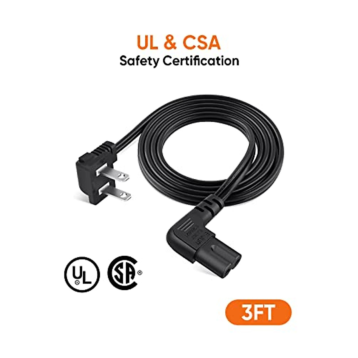 CableCreation 3 Feet 18 AWG Angled 2-Slot Non-Polarized Angle Power Cord (IEC320 C7 to Nema 1-15P), 0.915M / Black