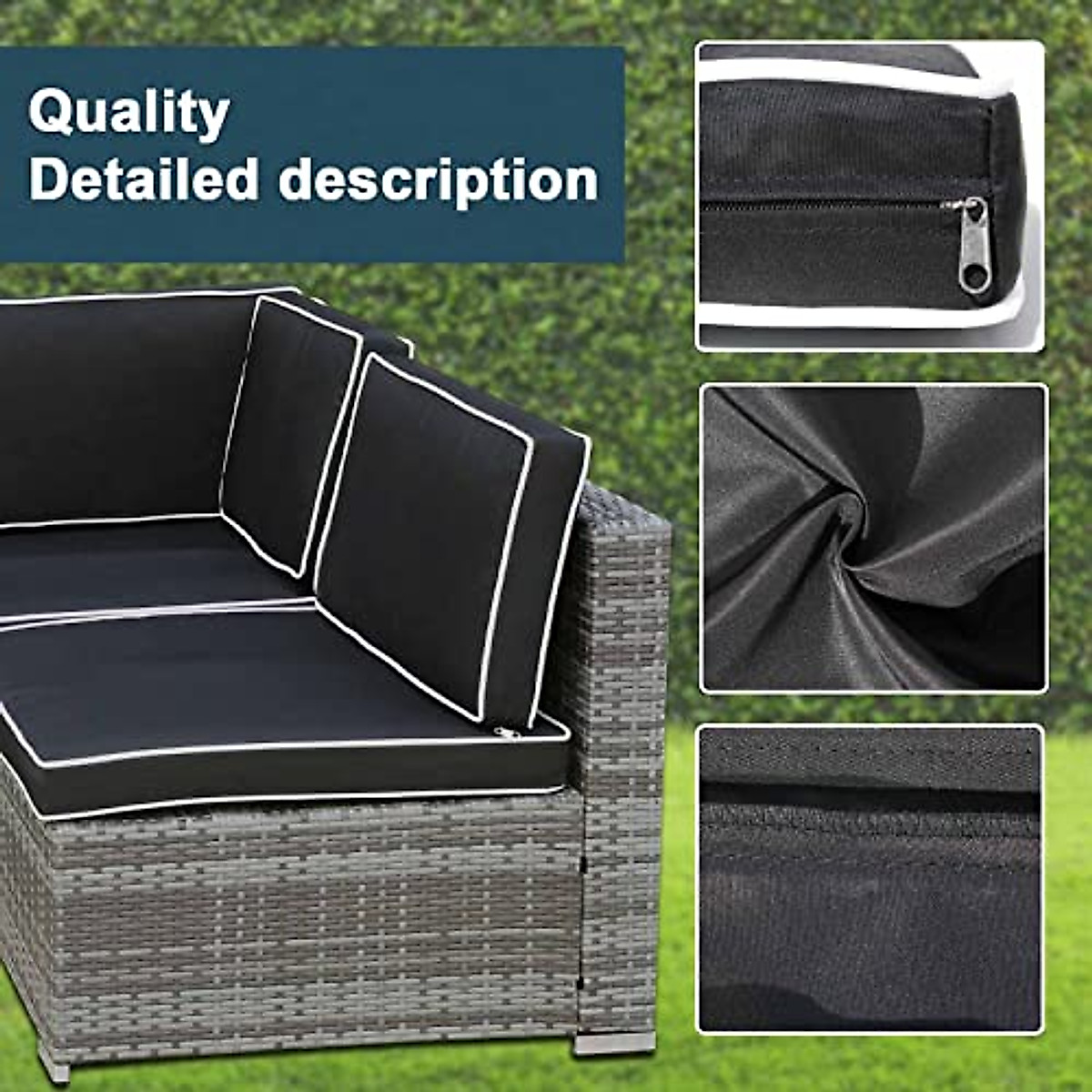 VIXLON Outdoor Patio Cushions Replacement Covers for Wicker Rattan Patio Furniture Conversation Set Outdoor Cushion Covers with Zipper Fit (Black+White Edge (Only Cover), 14 Piece Sets)