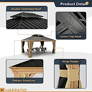 HAPPATIO 12' x 16' Hardtop Gazebo, Outdoor Wood Grain Frame Aluminum Gazebo, Double Roof Permanent Patio Gazebo Canopy with Netting and Curtains for Garden, Patio, Lawns, Parties (Beige)