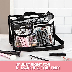 Clear Makeup Organizer Cosmetic Bag 10 inch x 7 inch x 4 inch, Sturdy Zipper and 4 External Pockets with Adjustable Strap