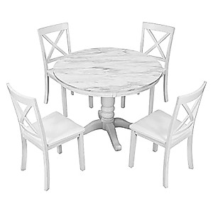 5 Piece Round Dining Table Set, Marble Top Kitchen Table Sets Dinette Set for 4 Include Marble Veneer Round Kitchen Table and 4 Chairs for Small Space (White)