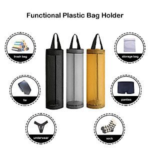 Plastic Bag Holder, Mesh Grocery Bag Holder Hanging Storage Bag Dispenser Foldable Breathable Washable Organizer for Home Kitchen (Black Gray Yellow 3 packs)