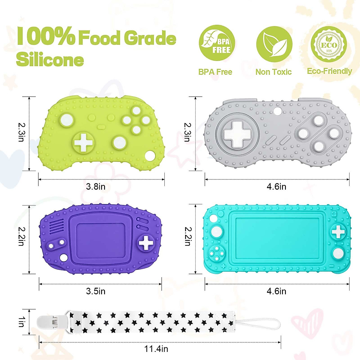 Fu Store 4-Pack Silicone Teething Toys for Infant Toddlers, Remote Control Game Controller Shape Teethers for Babies Chew Toys Relief Soothe Babies Gums Set, BPA Free/Dishwasher and Refrigerator Safe