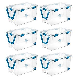 Sterilite 120 Quart Clear Plastic Wheeled Storage Container Box Bin with Air Tight Gasket Seal Latching Lid Long Term Organizing Solution, (6 Pack)