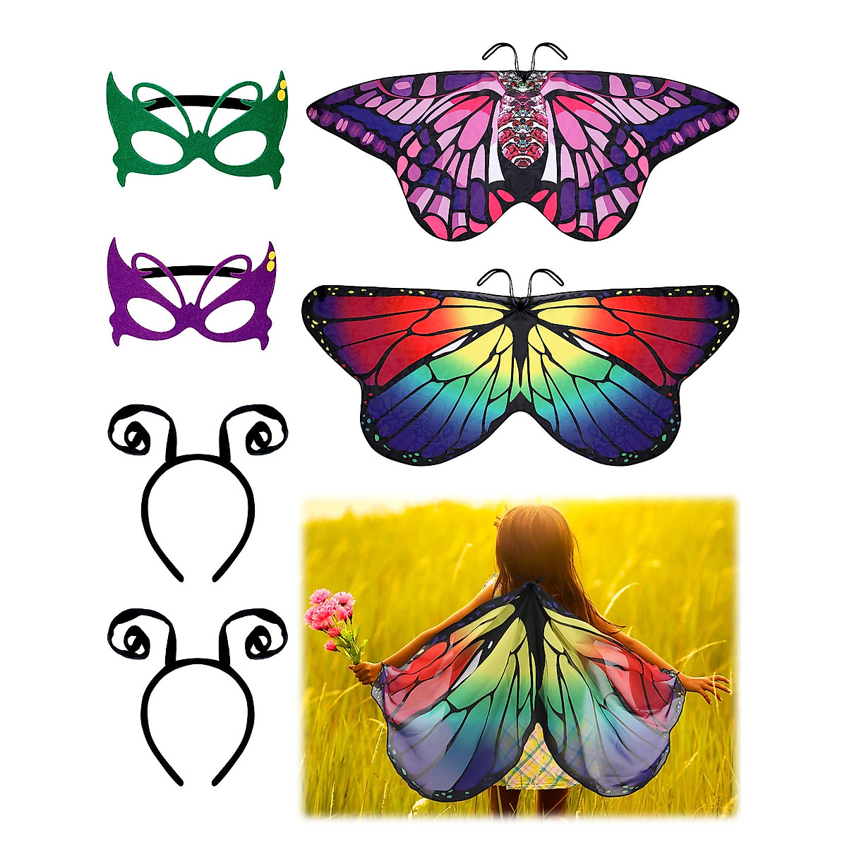 Gejoy 6 Pieces Butterfly Cloak Costume with Mask Antenna Headband for Kids Halloween Party (Colorful Style)