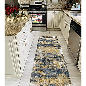 NOORI RUG - Premium & Luxury Imported - Lux Madison Machine Made High Pile Abstract - Rectangle - Blue - Gold - 2'2" x 6'0", Entryway, Kitchen