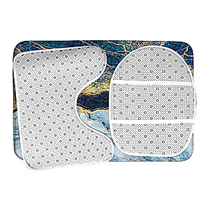 WONDERTIFY Blue Marble Bathroom Antiskid Pad Gold Foil and Glitter Marbling Wavy 3 Pieces Bathroom Rugs Set, Bath Mat+Contour+Toilet Lid Cover