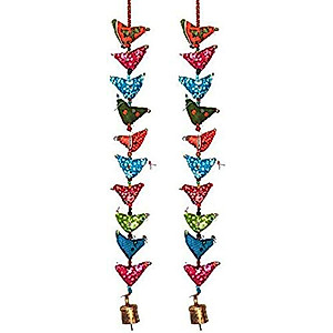FIKIMOS Floral Cotton Stuffed Small Birds in Vibrant Design Stringed with Beads Brass Bell Door Hanging Assorted Set of 2 Pcs