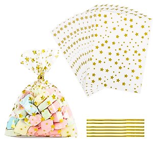 LEOSINDA Cellophane Treat Bags,Clear Cellophane Bags,5 X 7 Inches Treat Bags,100 Twist Ties,for Gift Wrapping,Packaging Candies,Dessert,Bakery, Cookies, Chocolate,Party Favor, Gold Star Printed