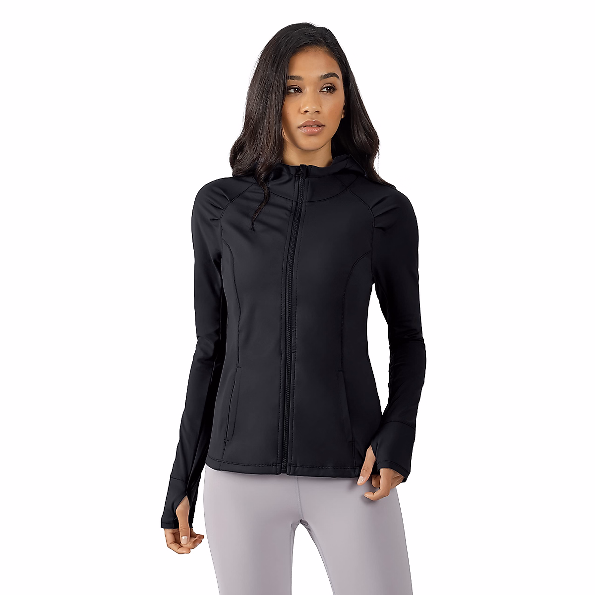 Yogalicious Lux full-Zip Hooded Running Workout Yoga Jacket - Black - XL