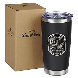 Christian Art Gifts Large Stainless Steel Inspirational Travel Mug Tumbler for Men & Women: Stand Firm Encouraging Bible Verse, Double Wall Vacuum Insulated w/Lid, Hot/Cold Beverage, Black, 18 oz.