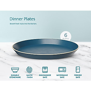 KooK Dinner Plates, Ceramic Round Kitchen Dinnerware Set, Dishwasher & Microwave Safe, Stoneware, High Edge, 10 Inch, Set of 6, Navy