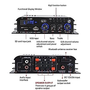 Facmogu S-299 4.1CH Bluetooth Power Amplifier with Active Subwoofer Output Max 800W RMS 40Wx4 Subwoofer Amplifier Hi-Fi Integrated Mini Speaker Amp Audio Sub Bass Amp Remote Control & 12V Power Supply