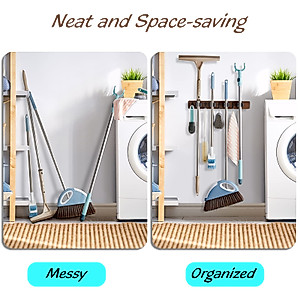 OUTNILI 2 Pack Mop Broom Holder Wall Mount - Rustic Wood Broom Mop Hanger - Wall Mounted Garden Tool Rack Organizer for Closet Garage Laundry Room Farmhouse Kitchen Decor with 4 Slots & 4 Hooks