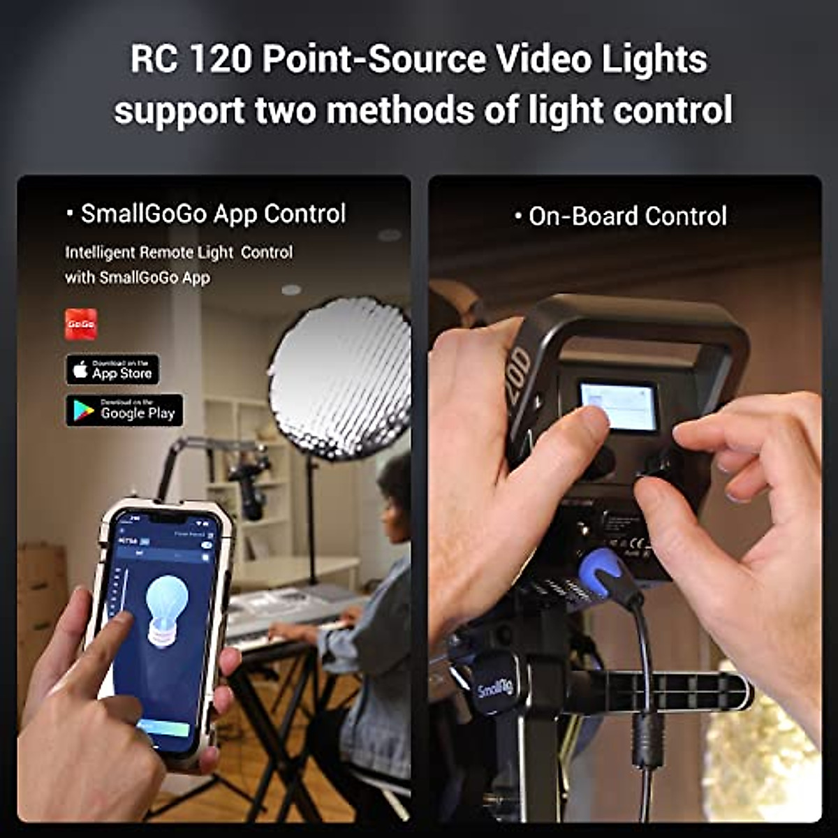 SmallRig RC 120D 120W COB LED Video Light, 5600K, 62600Lux@1m On-Board and SmallGoGo App Control, TLCI 96+ CRI 95+, 9 Lighting Effects, Support AC Adapter and 14.4V/26V V-Mount Battery- 3470