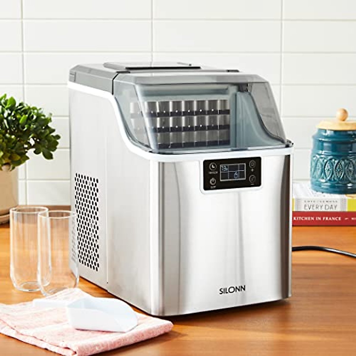 Silonn Countertop Ice Cube Ice Makers, 45lbs Per Day, Auto Self-Cleaning, 24 Pcs Ice Cubes in 13 Min, 2 Ways to Add Water, Compact Ice Machine for Home Office Bar Party,SLIM01B-1