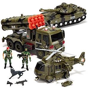 JOYIN 3 in 1 Friction Powered Siren Army Vehicle Toy with Action Figures - Military Truck, Helicopter and Tank Toy with Light and Sound Siren for Imaginative Play, Xmas Gifts for Kids